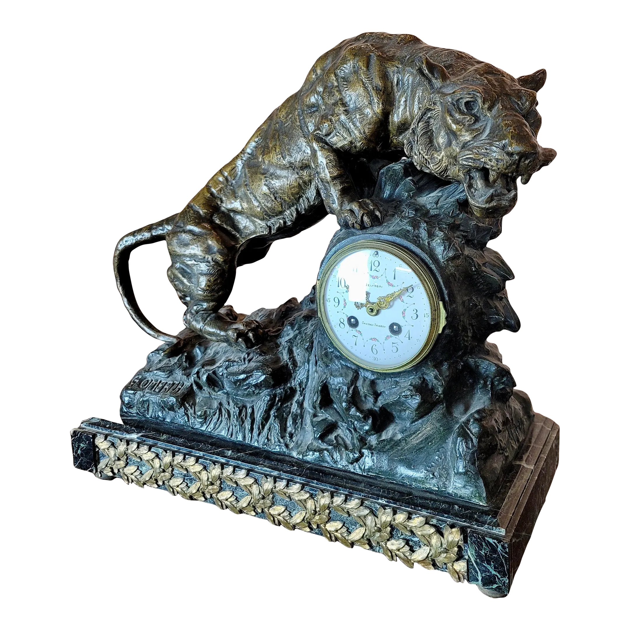 Geo Maxim 19th Century Mantle Clock With Tiger Sculpture | Chairish