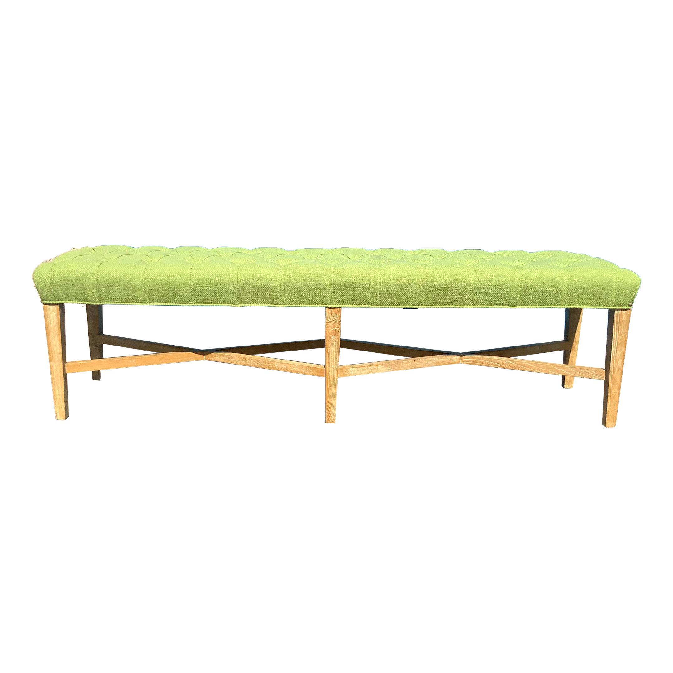 Mid Century Modern Long Tufted Oak Bench | Chairish