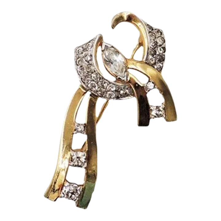 Vintage 1940s Signed Mazer Goldtone Clear Rhinestone Ribbon Brooch ...