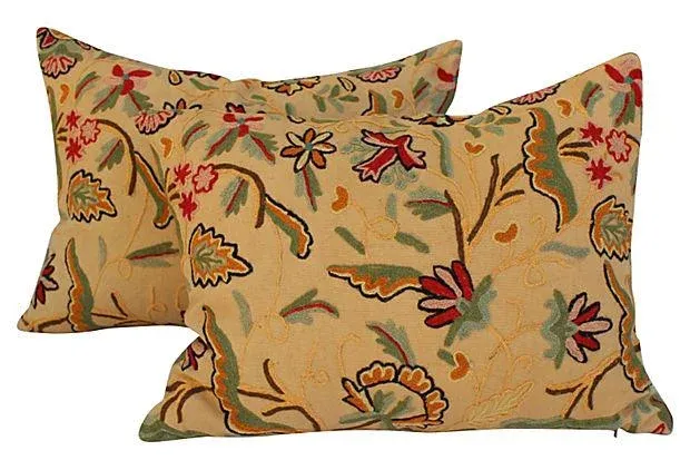 English Crewelwork Floral Pillows - A Pair | Chairish