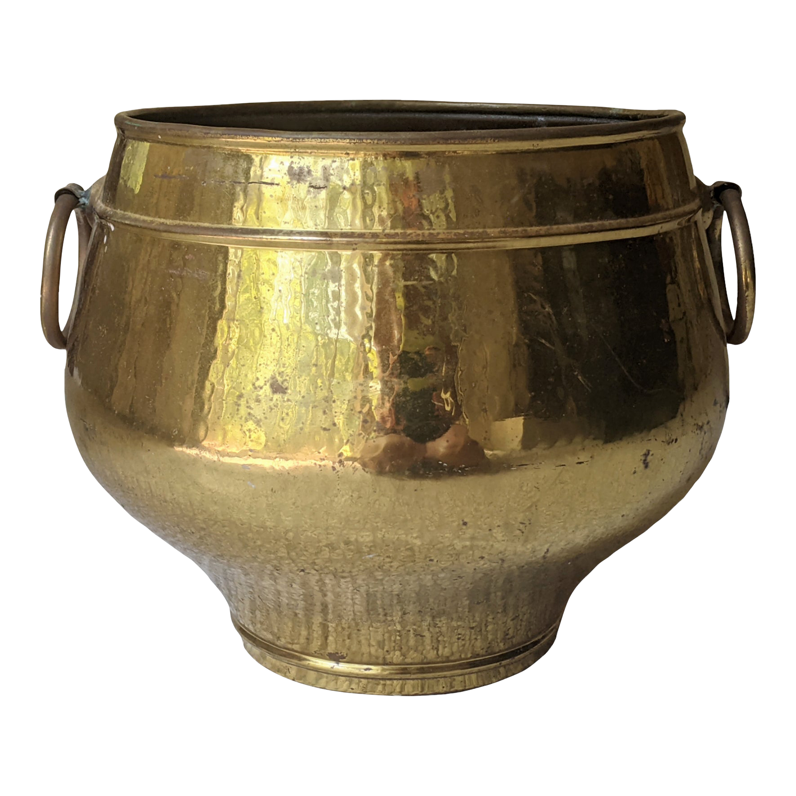 Vintage Hammered Brass Cachepot Jardiniere With Ring Pulls | Chairish