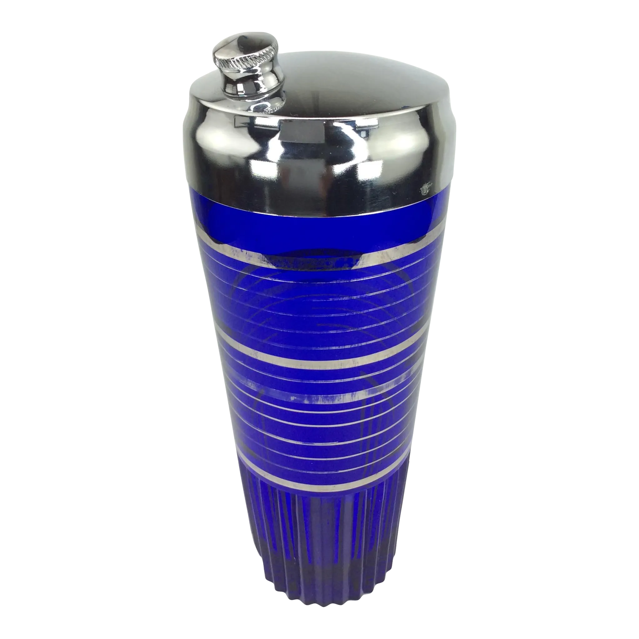 Vintage Cobalt Blue Cocktail Shaker With Silver Overlay Bands and ...
