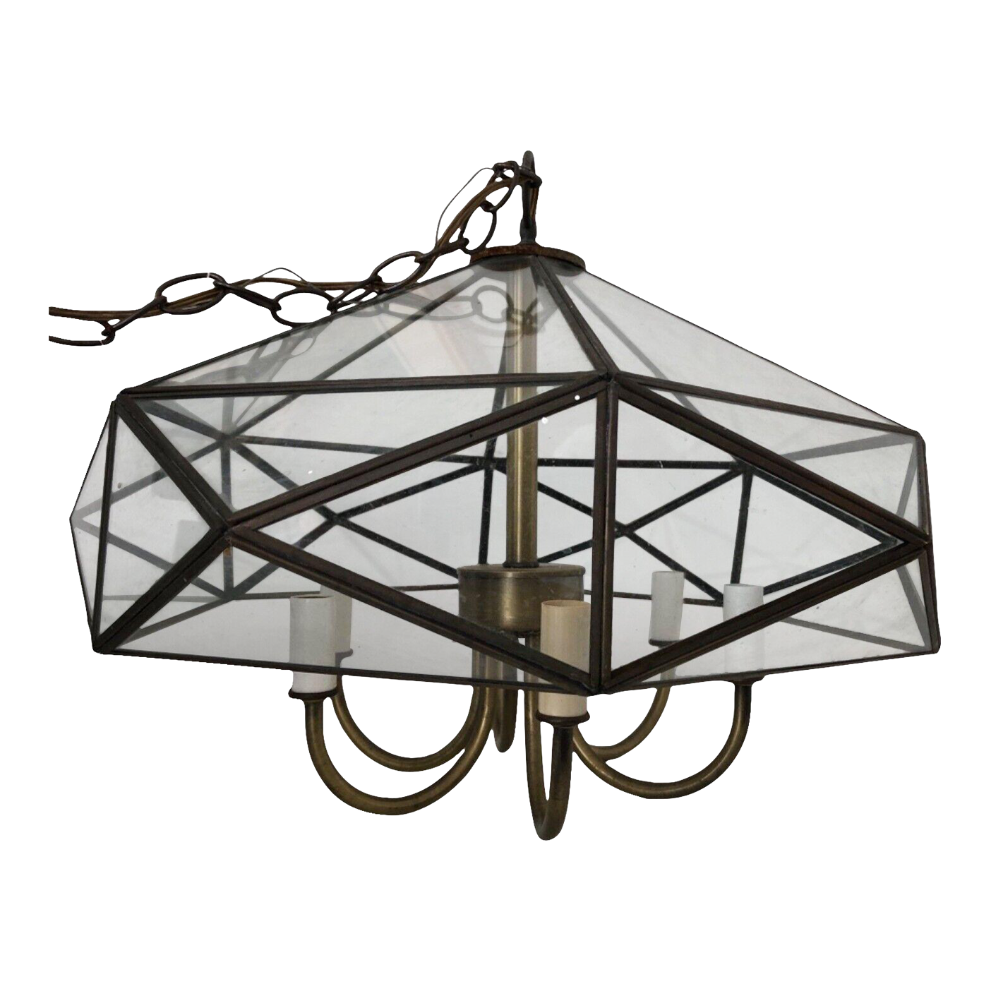 Mid 20th Century Vintage Brass Octagon Glass Light Fixture | Chairish