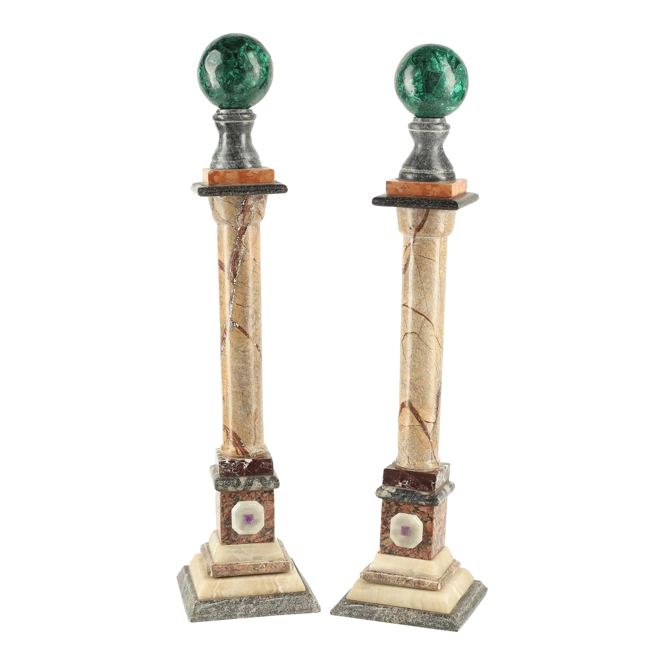 Pair of Mid 20th Century Marble & Multi-Stone Columns With Malachite ...