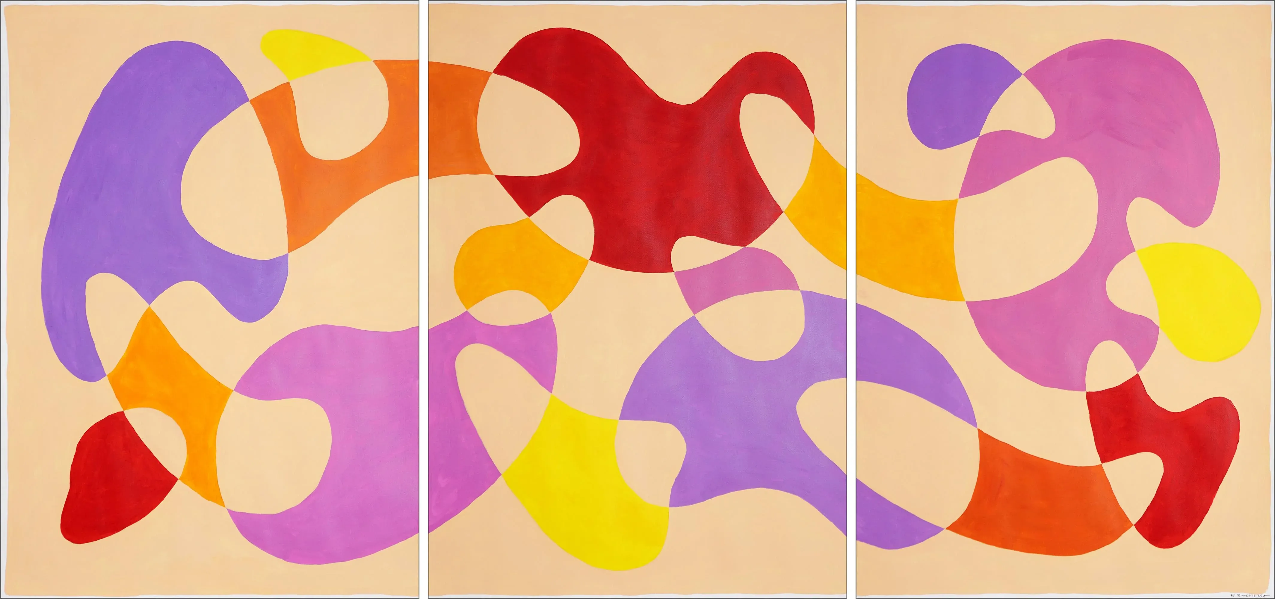 2024, Abstract Mid Century Shapes Triptych of Coral Curves, Acrylic Painting on Watercolor Paper ...