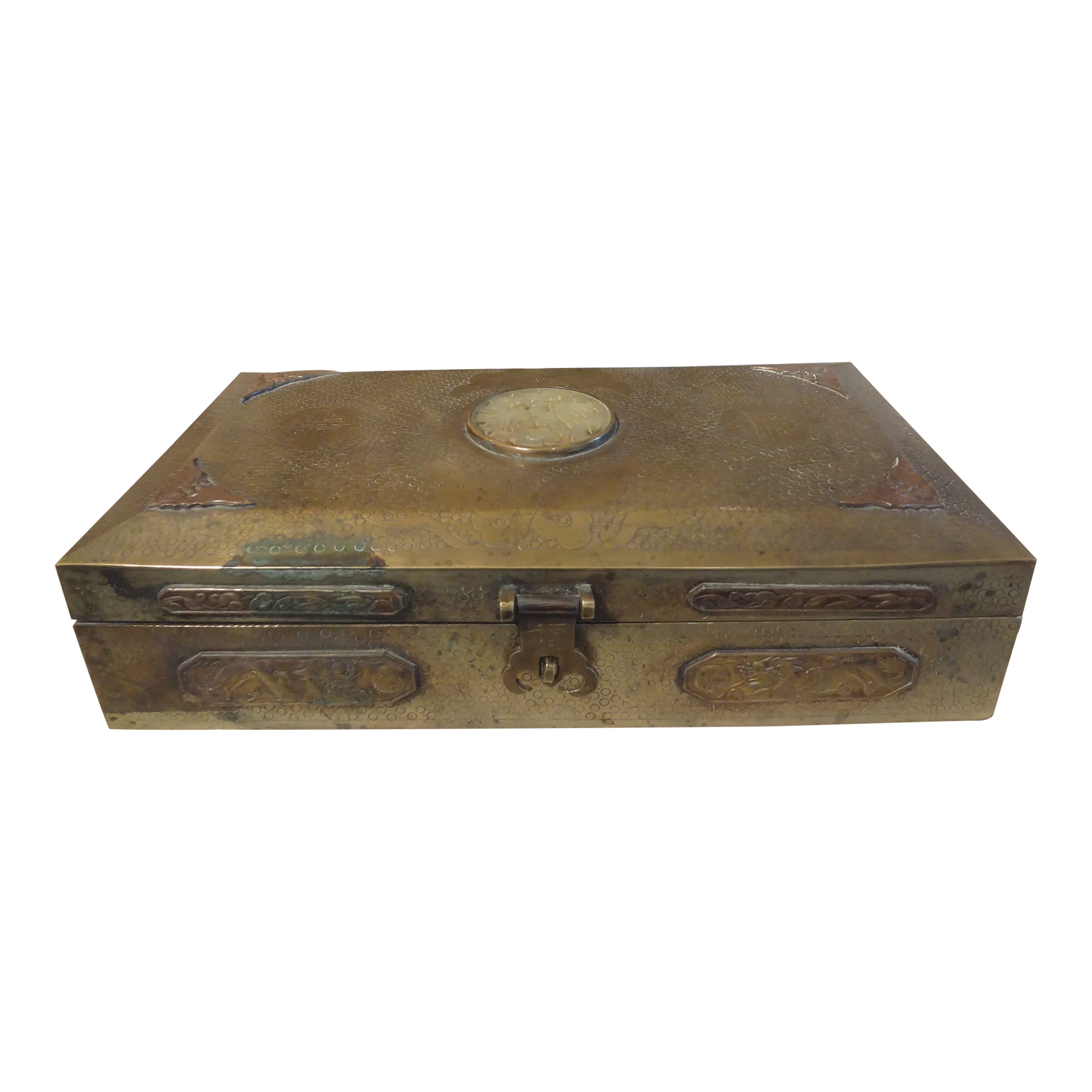 Antique Chinese Brass Decorative Box With Jade Medallion | Chairish