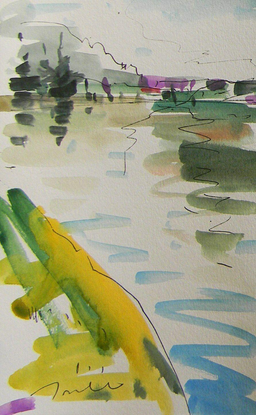 Contemporary Abstract Lake Scene Watercolor Painting by Jose Trujillo ...