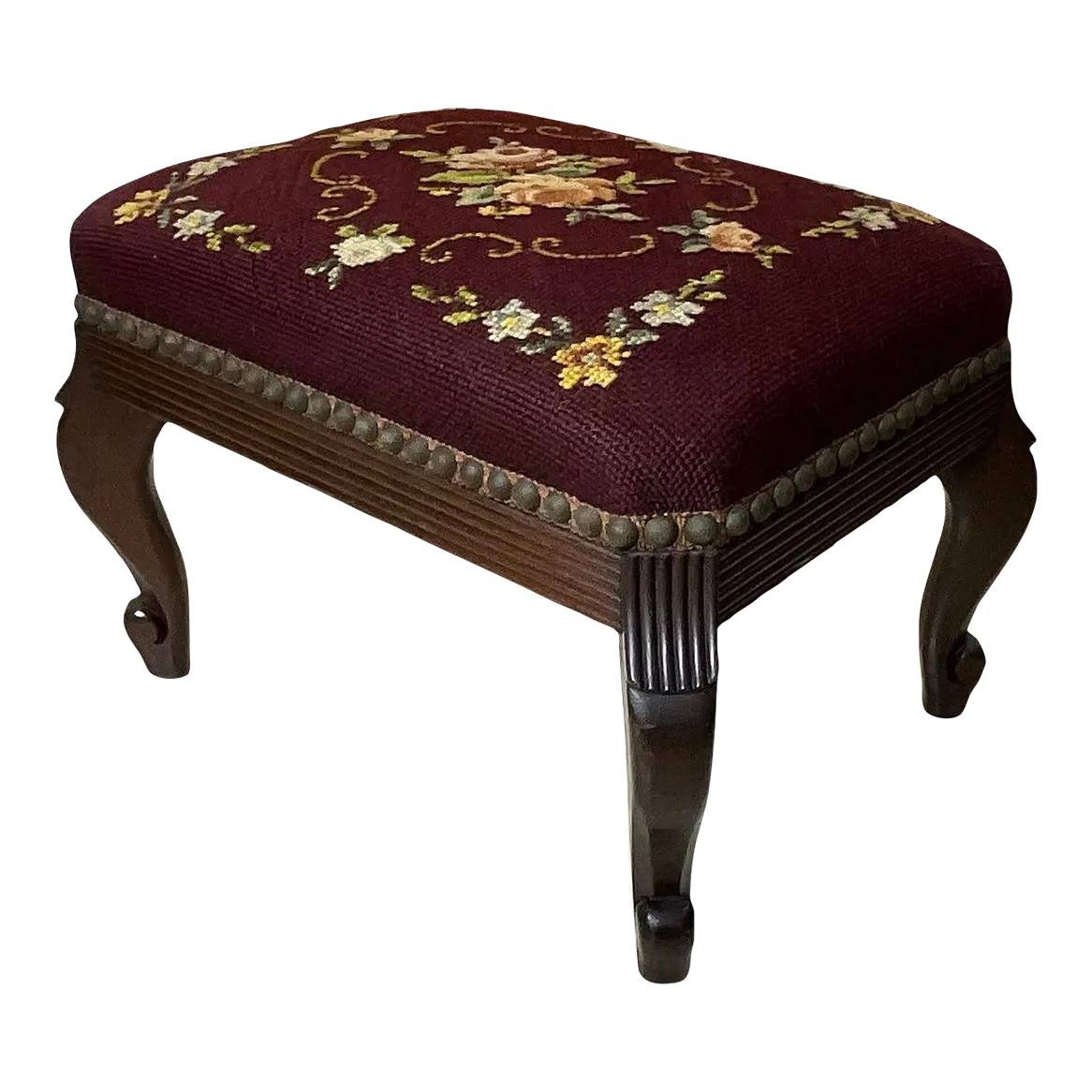 Antique Hand Carved Needlepoint Textile Upholstered Foot Stool | Chairish