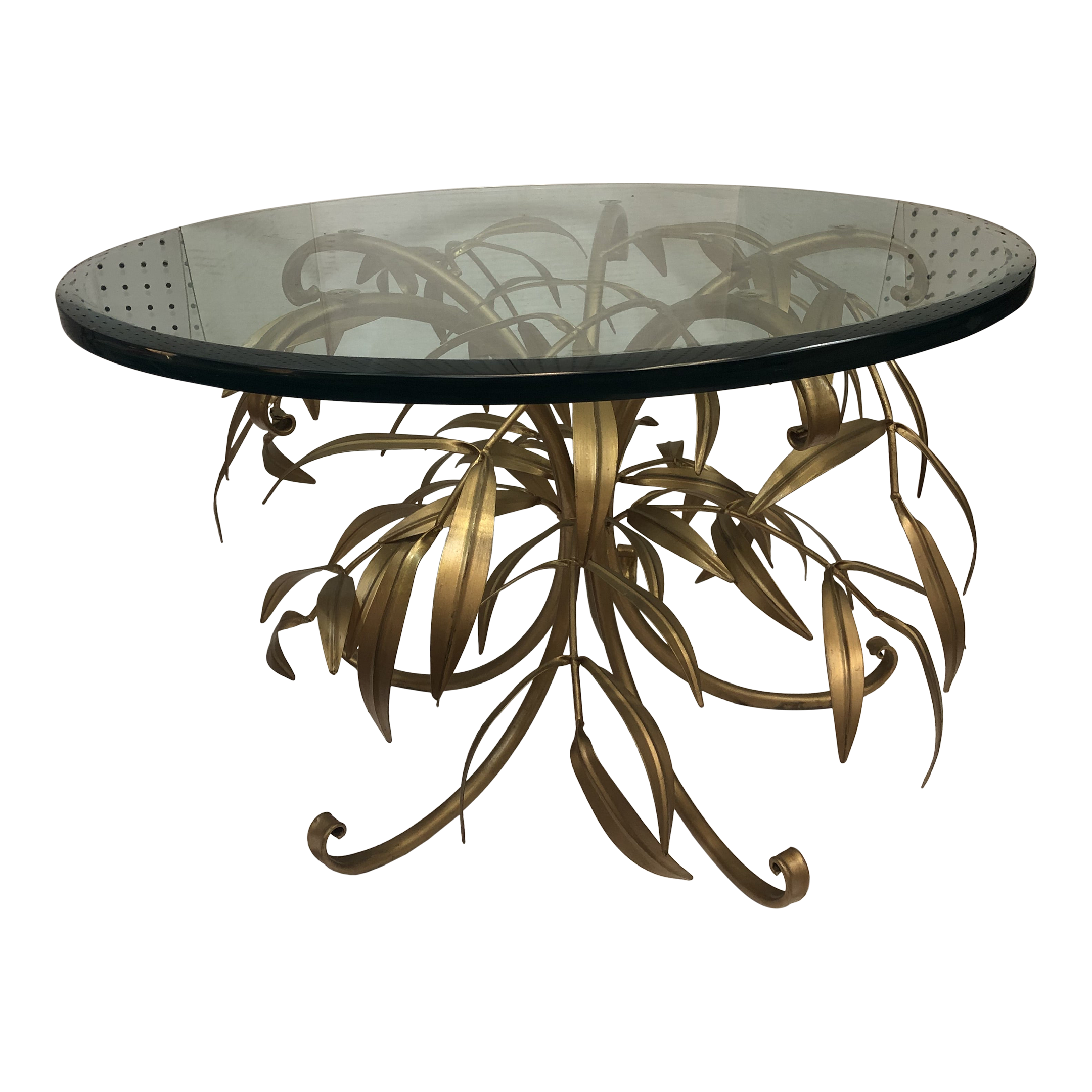 1960s Mid Century Modern Gold Metal Leaf Coffee Table With Round Glass Top Chairish