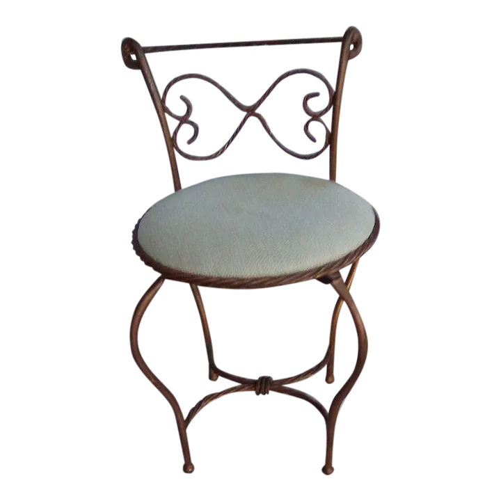 1970s Hollywood Regency Wrought Iron Tassel Rope Swivel Vanity Chair with Upholstered Seat ...