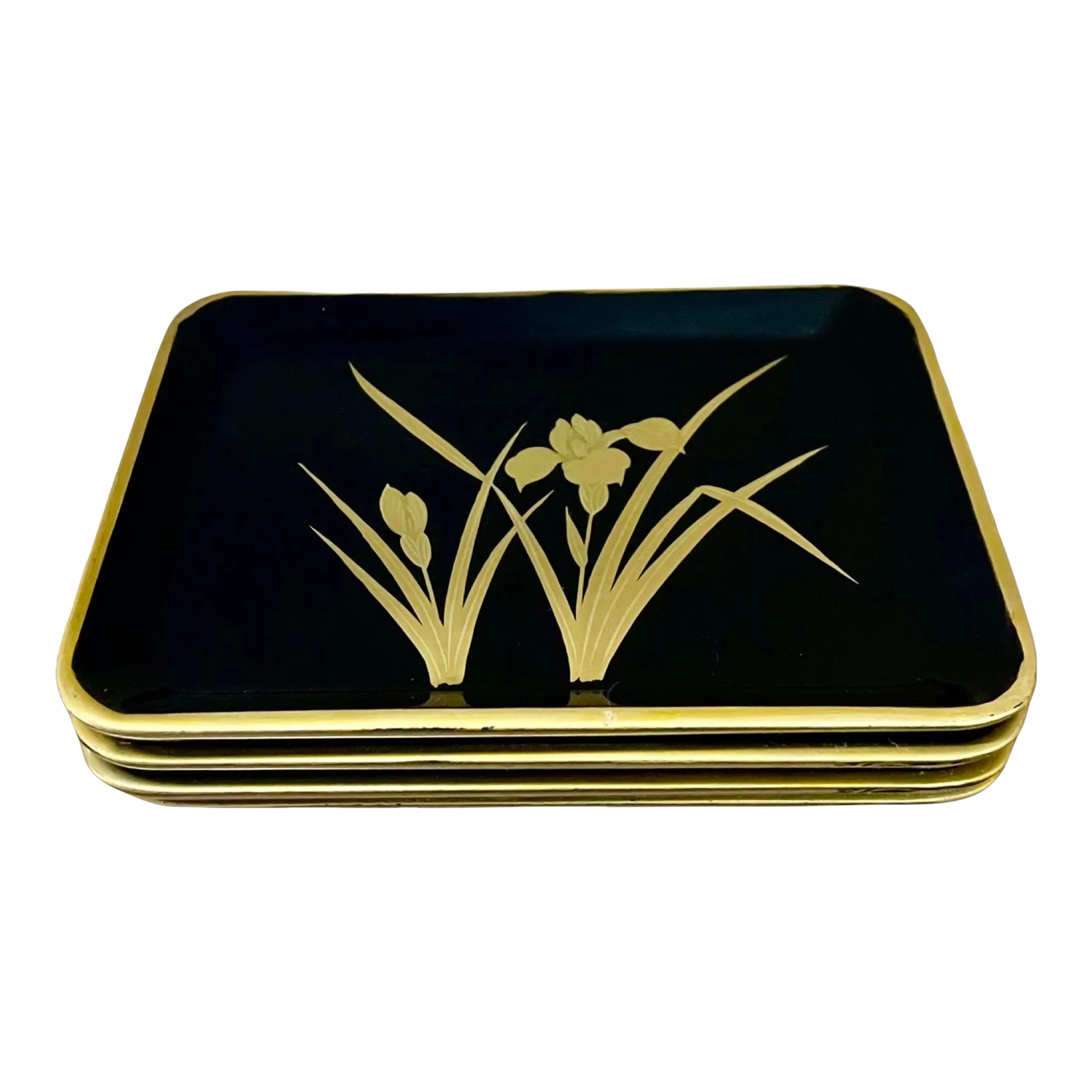 Japanese Black Lacquer Trays With Gold Decoration - Set of 4 Vintage ...