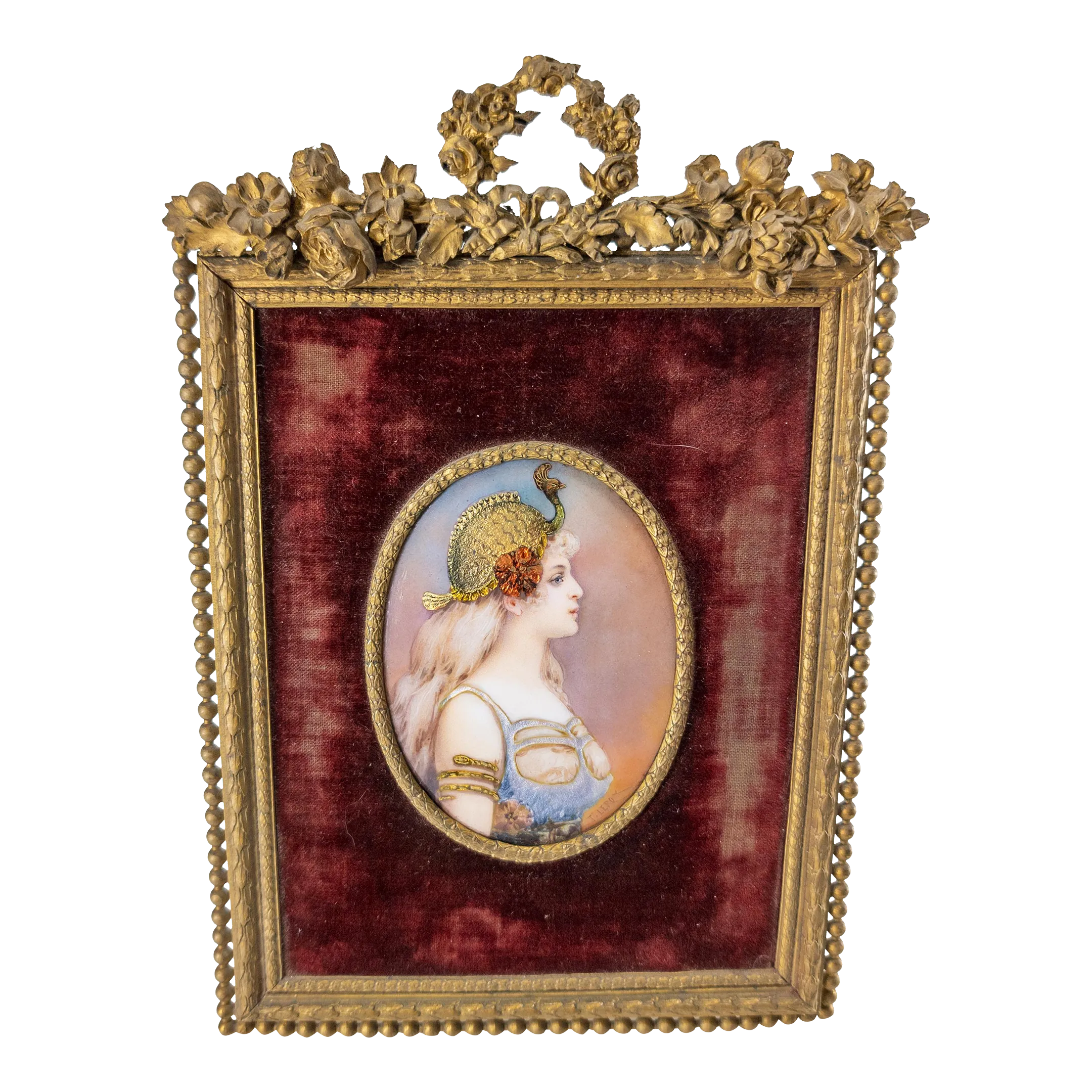 Early 20th Century French Limoges Enamel Portrait of a Beautiful Woman in Gilt Bronze Frame ...