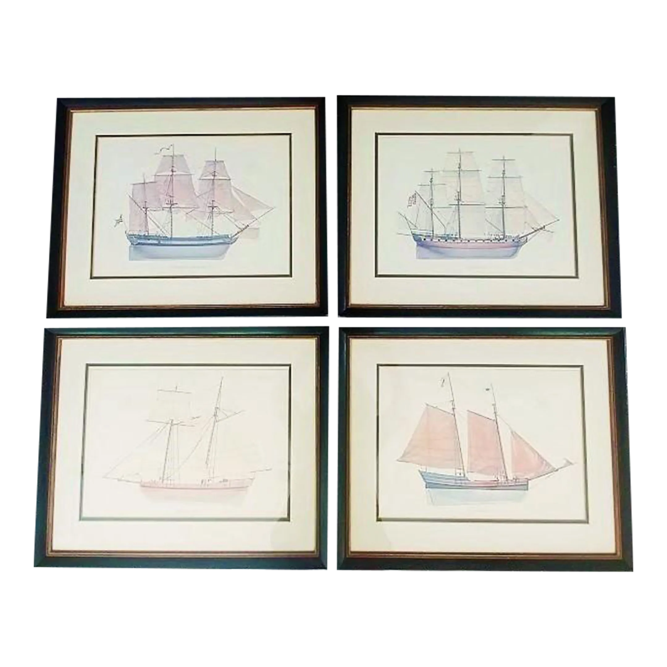 Set of 4 Maritime Antique Ship Prints in Color | Chairish