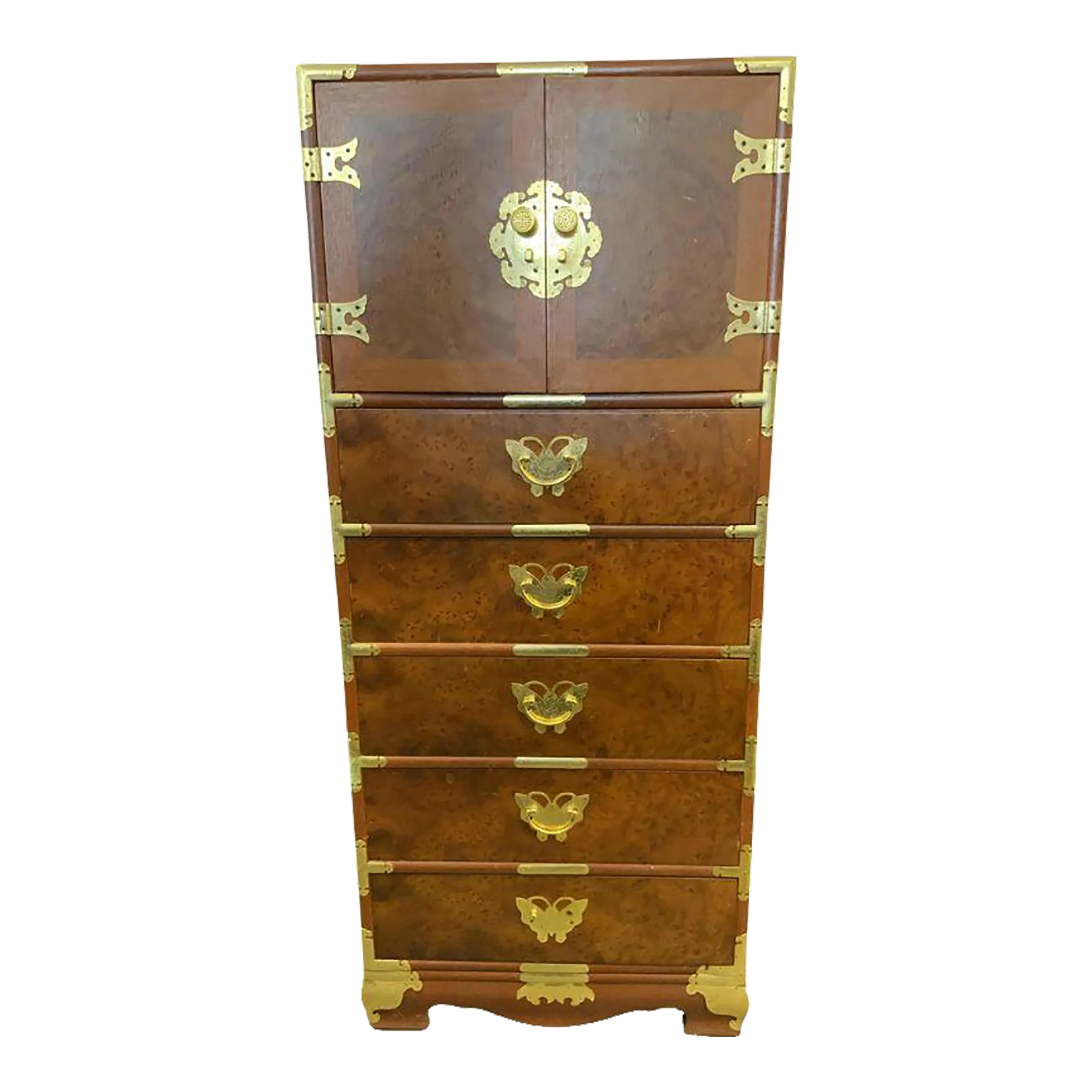 Burl Wood Campaign Tall Chest With Brass Butterfly Details | Chairish