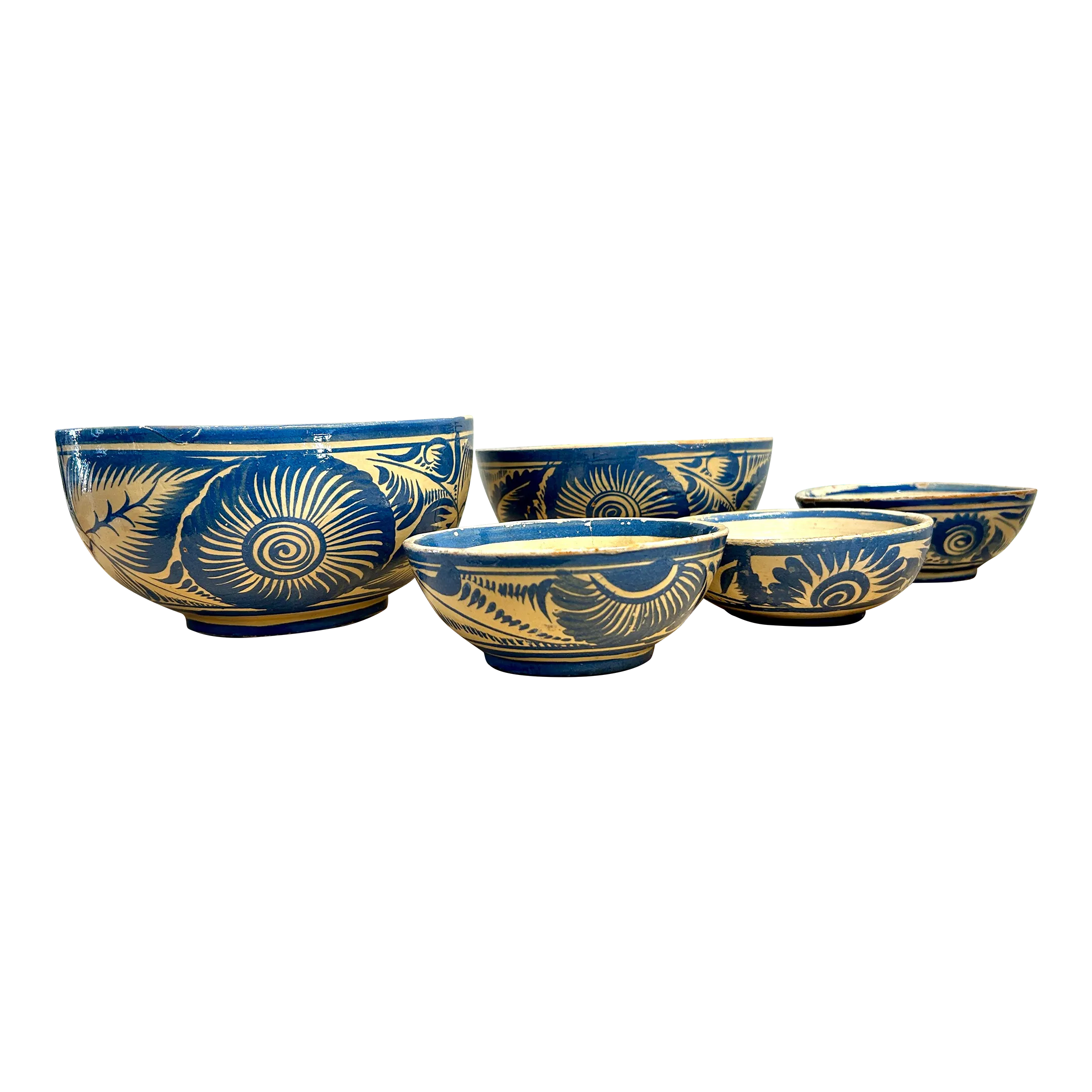 Vintage Mexican Hand Painted Blue and Almond Colored Pottery Bowls- 5 ...