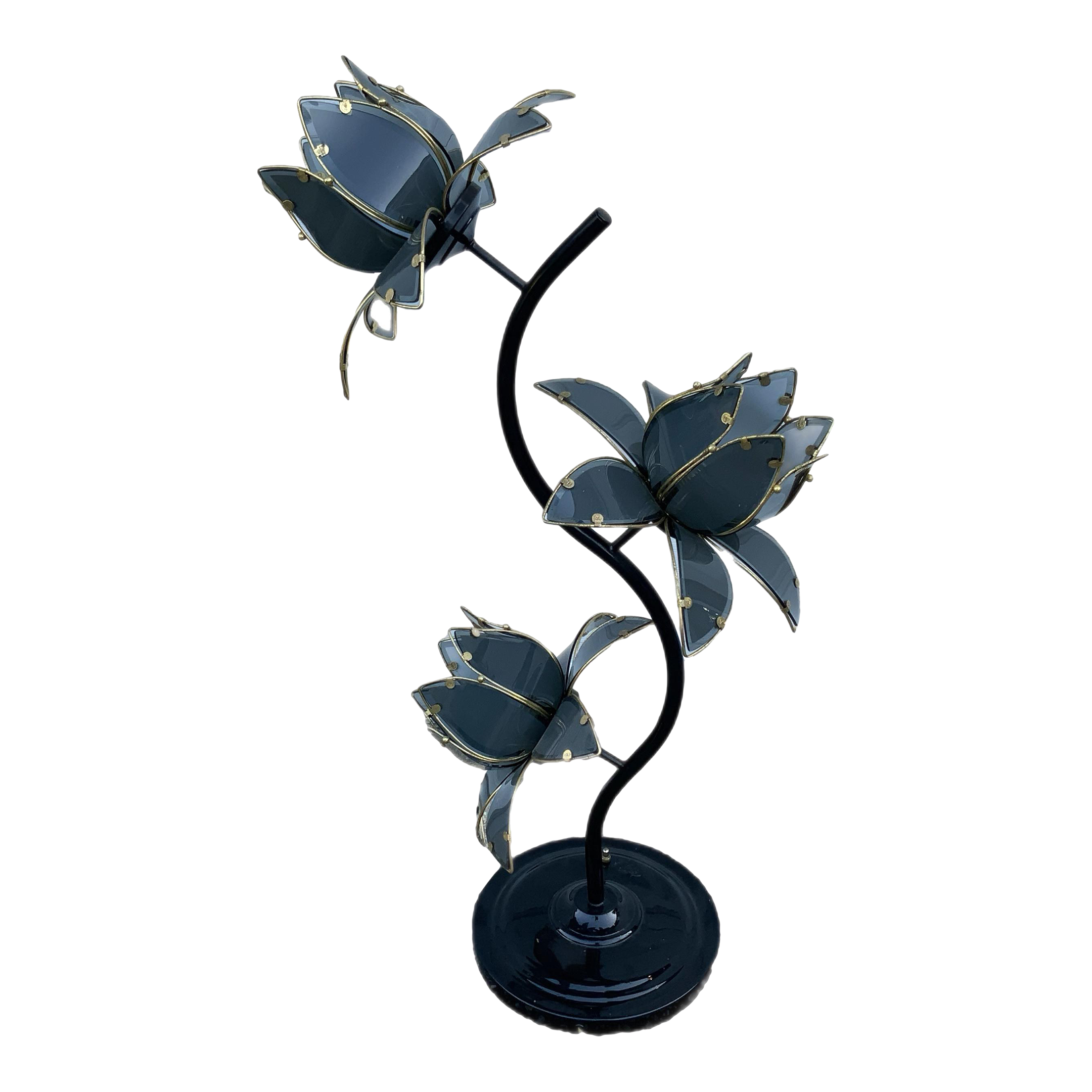 1980s Vintage Triple Lotus Flower Lamp Black Lacquer Gray Glass Table ...