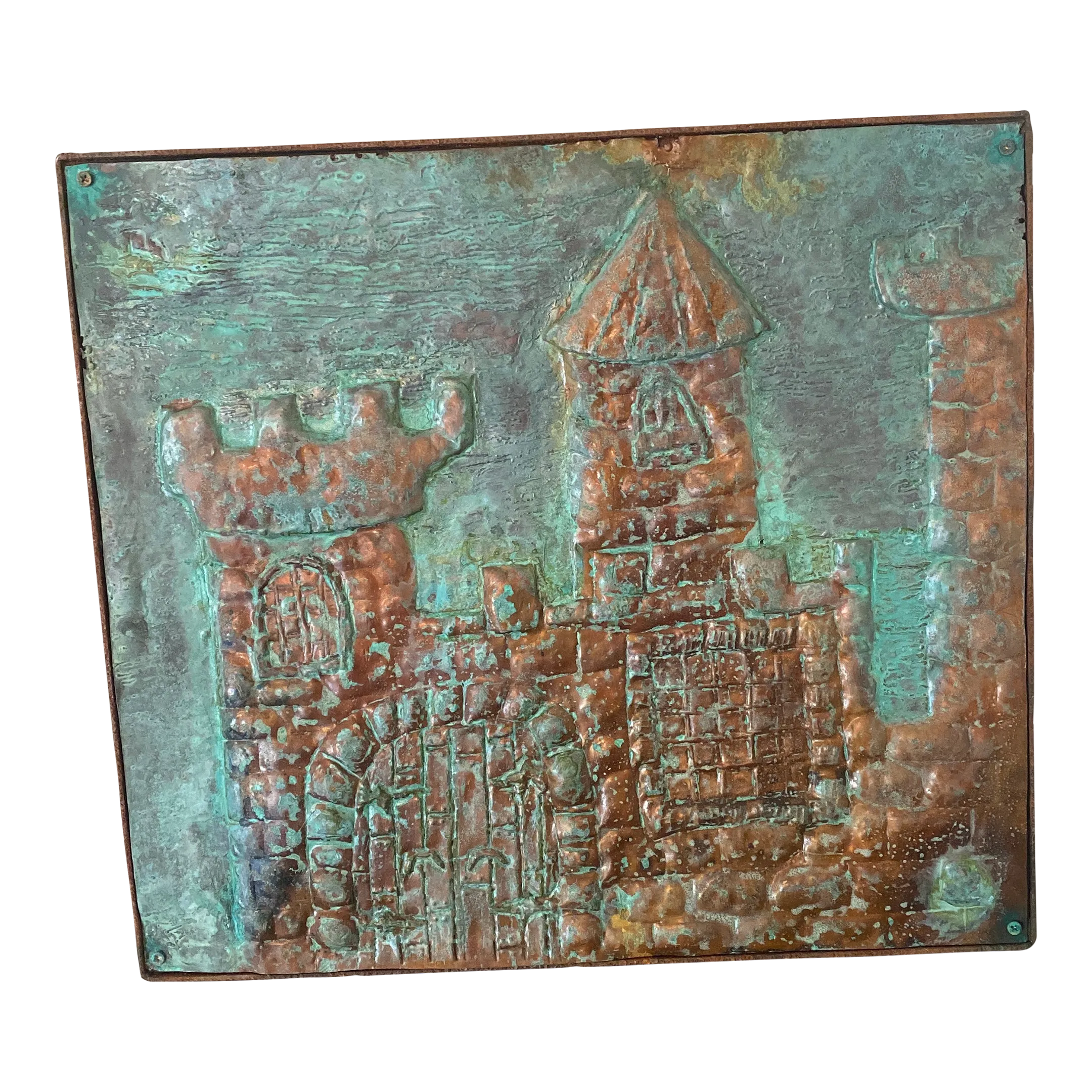 Early 21st Century Artist Made Brutalist Style Copper Castle Plaque ...