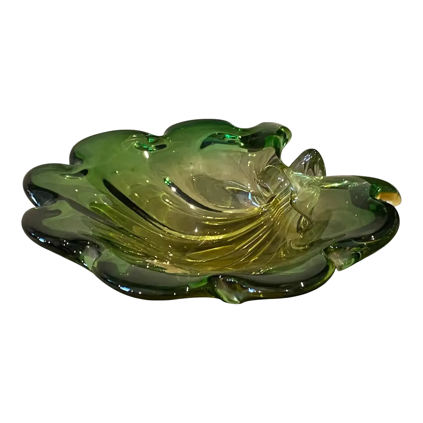 1970s Green and Yellow Murano Glass Sea Shell Bowl by Seguso | Chairish