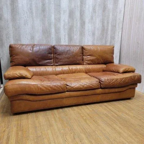 1960s Vintage Italian Distressed Cognac Leather 3 Seat Sofa