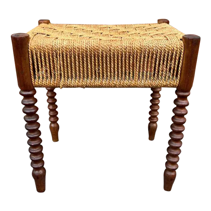 Late 20th Century Rope Seat Turned Leg Footstool or Ottoman | Chairish