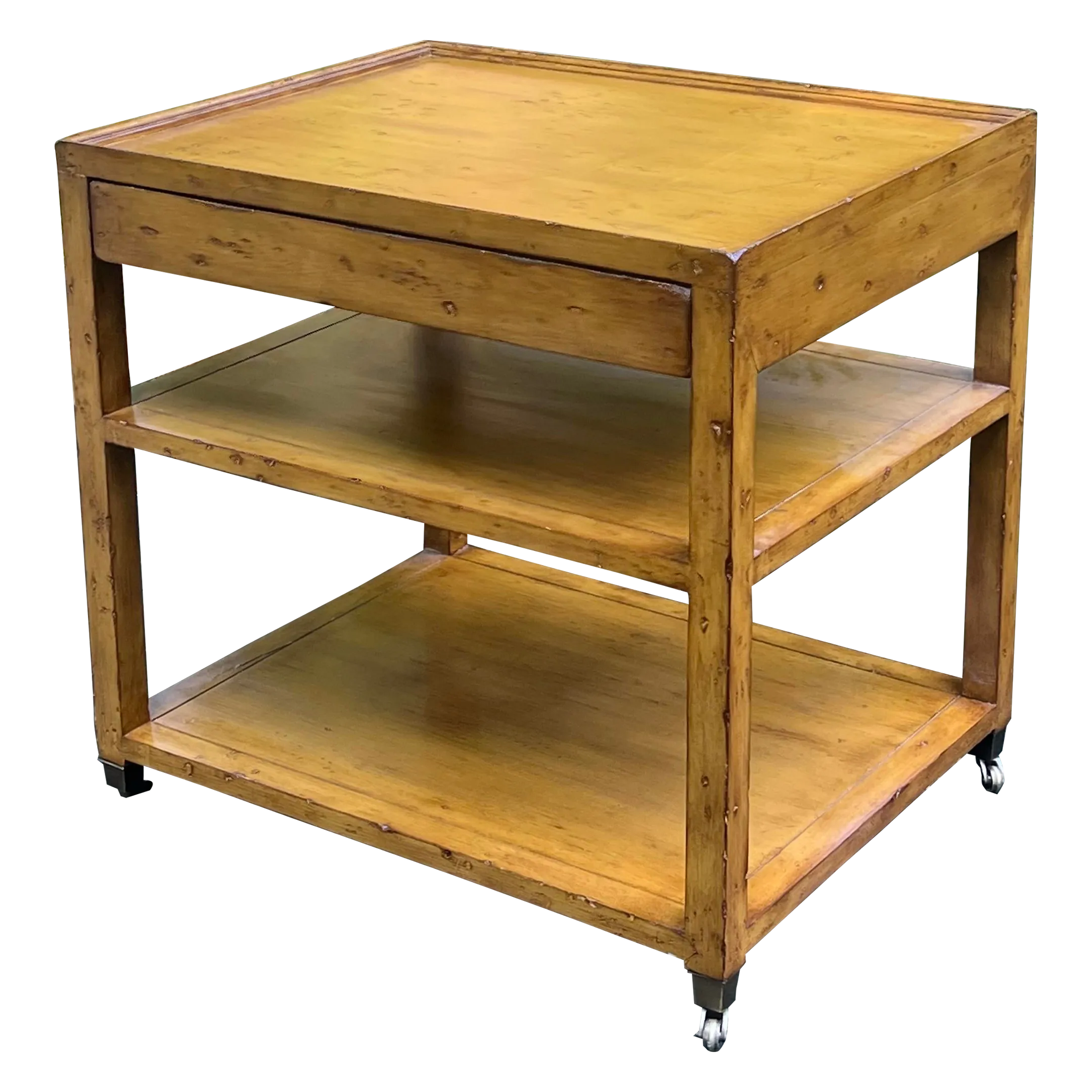 Contemporary Rustic Tiered End Table on Casters | Chairish