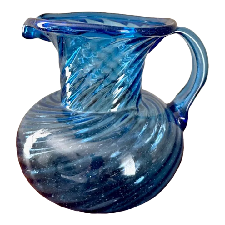 Large Vintage Blue Swirl Glass Pitcher | Chairish