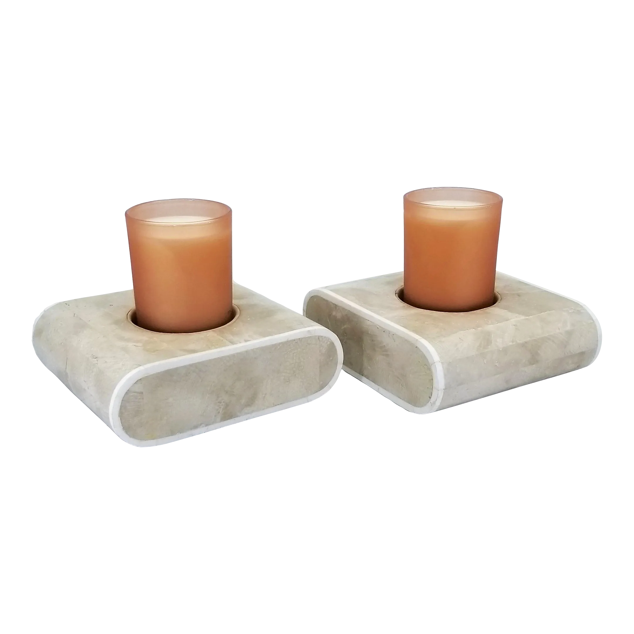Vintage Travertine Candle Holders With New Peach Glass Candles Included ...