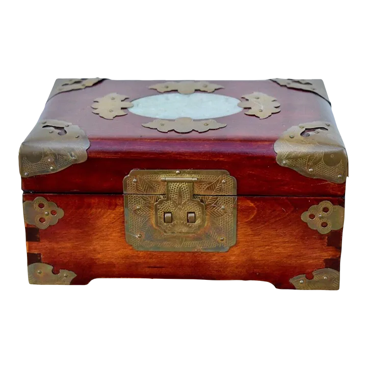 Vintage Chinese Decorative Square Box W/Carved Stone & Brass Mounts ...