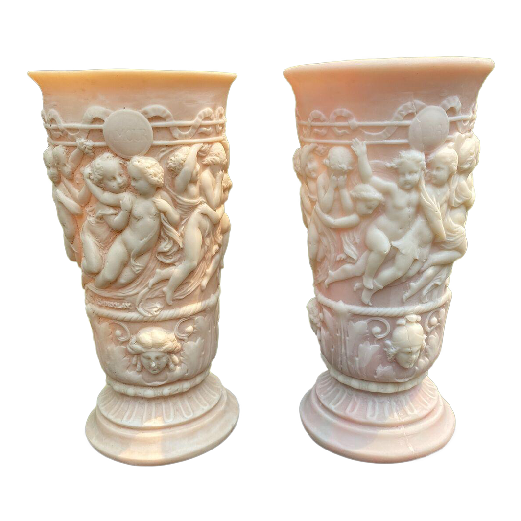 Vintage 1960s Pair of Incolay Pink Vases Raised Relief Cherubs | Chairish
