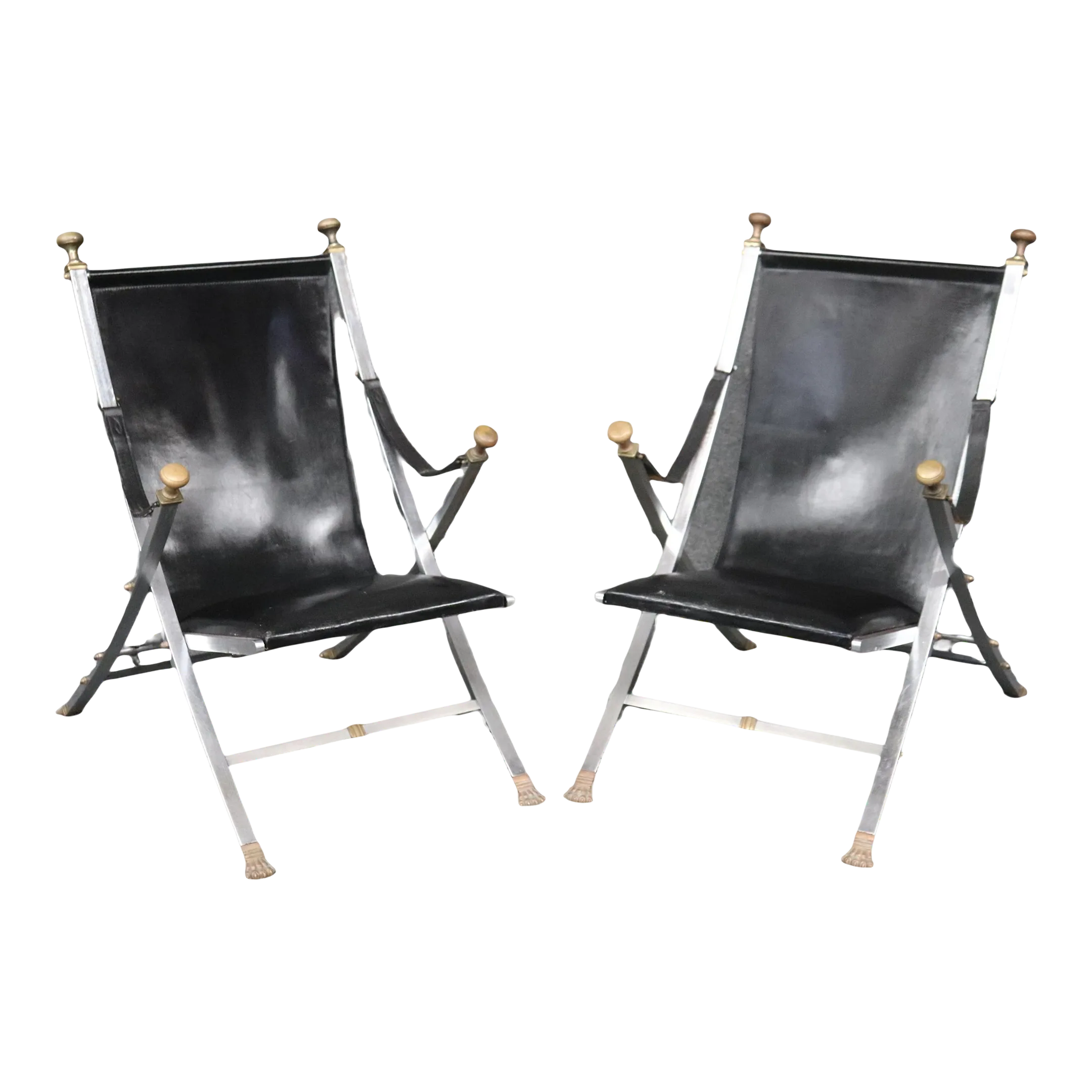 Maison Jansen Brass and Steel Paw Footed Campaign Chairs - A Pair ...