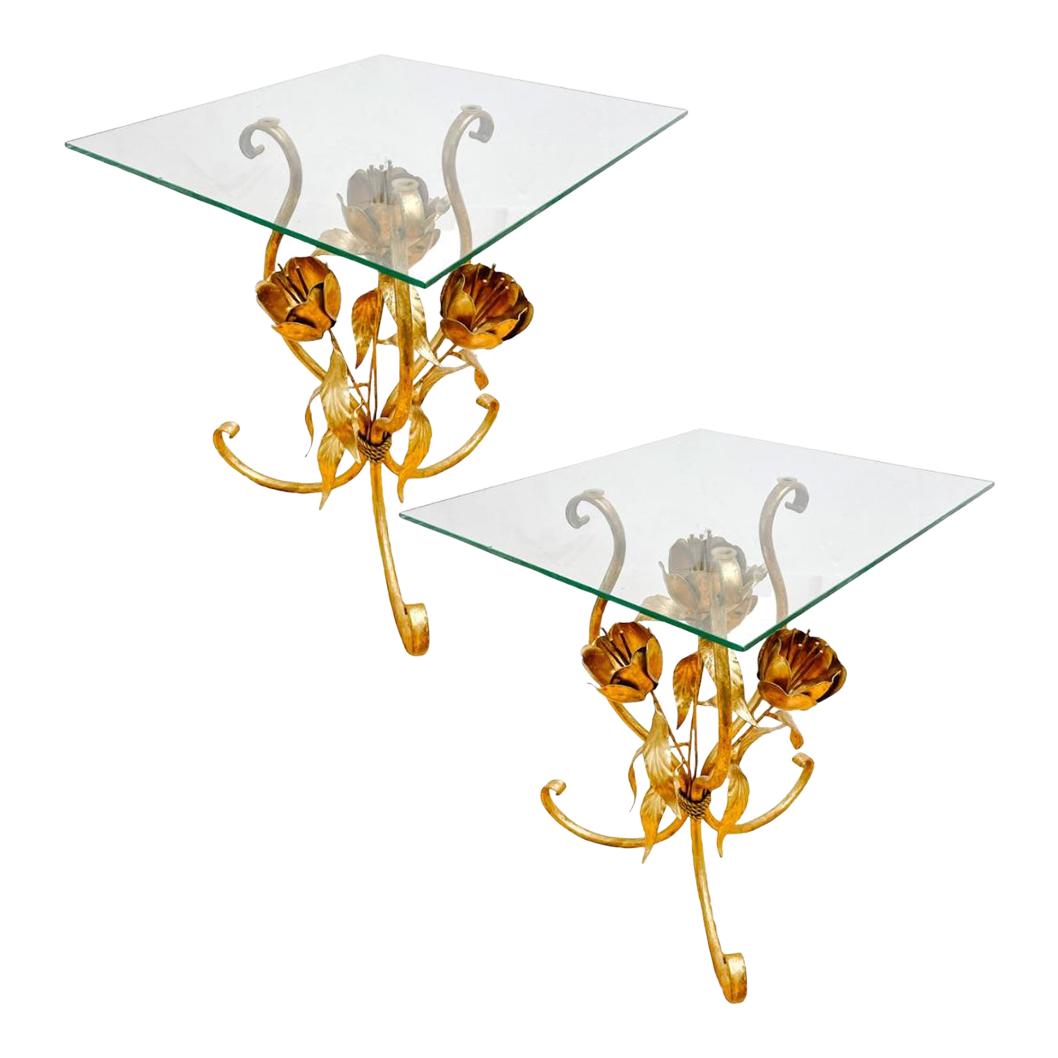 1970s Hans Kögl Gold Tole Flower Accent Tables With Glass Tops - a Pair ...