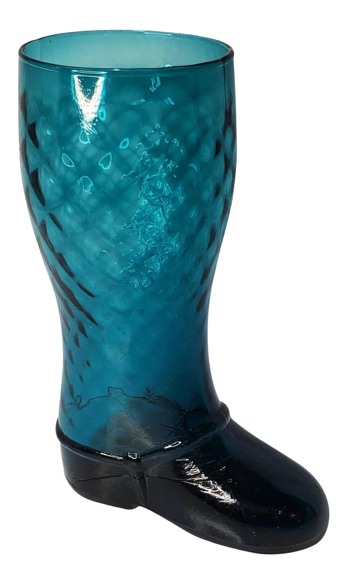 Mid Century Italian Diamond Optic Teal Glass Boot Vase | Chairish