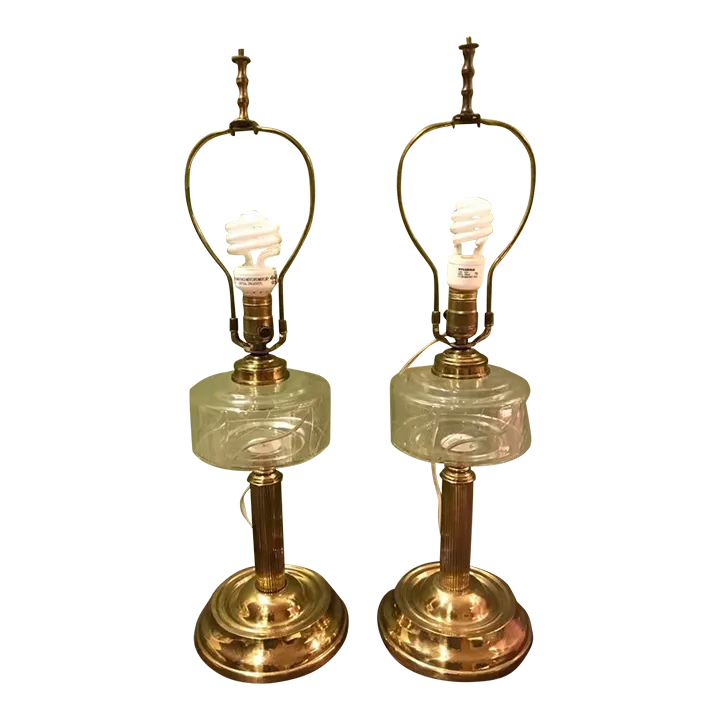 Vintage Pair Oil Glass & Brass Electrified Conversion Lamps | Chairish