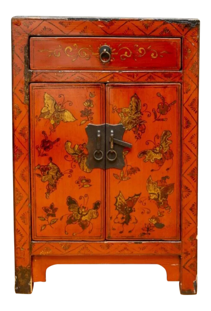 Antique Chinese Red Lacquer Side Chest With Gilt Butterfly Motif | Chairish