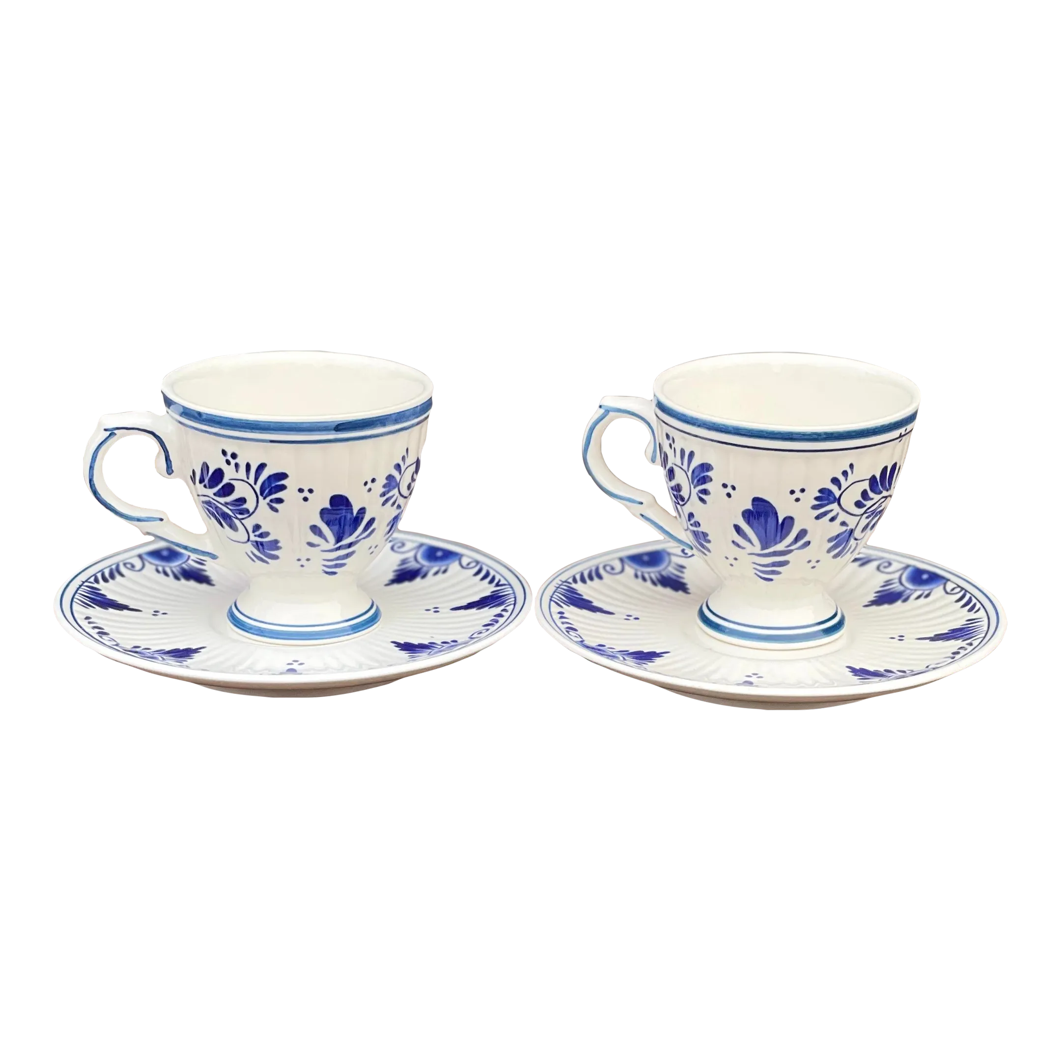 Vintage Hand Painted Delft Tea Cups & Saucers- 4 Pieces | Chairish
