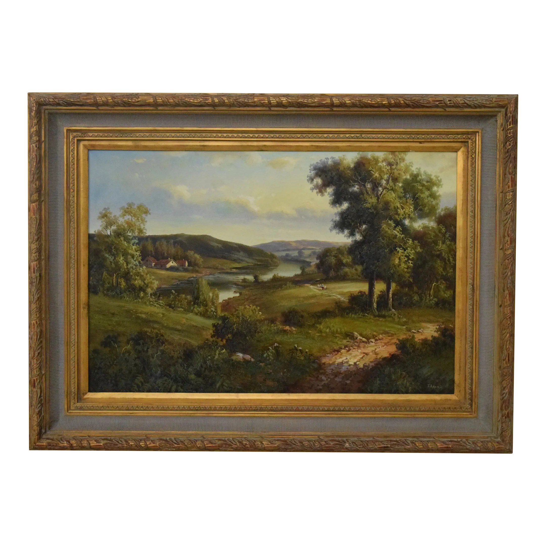 f.adan Meadow & River Framed Oil Painting on Canvas | Chairish