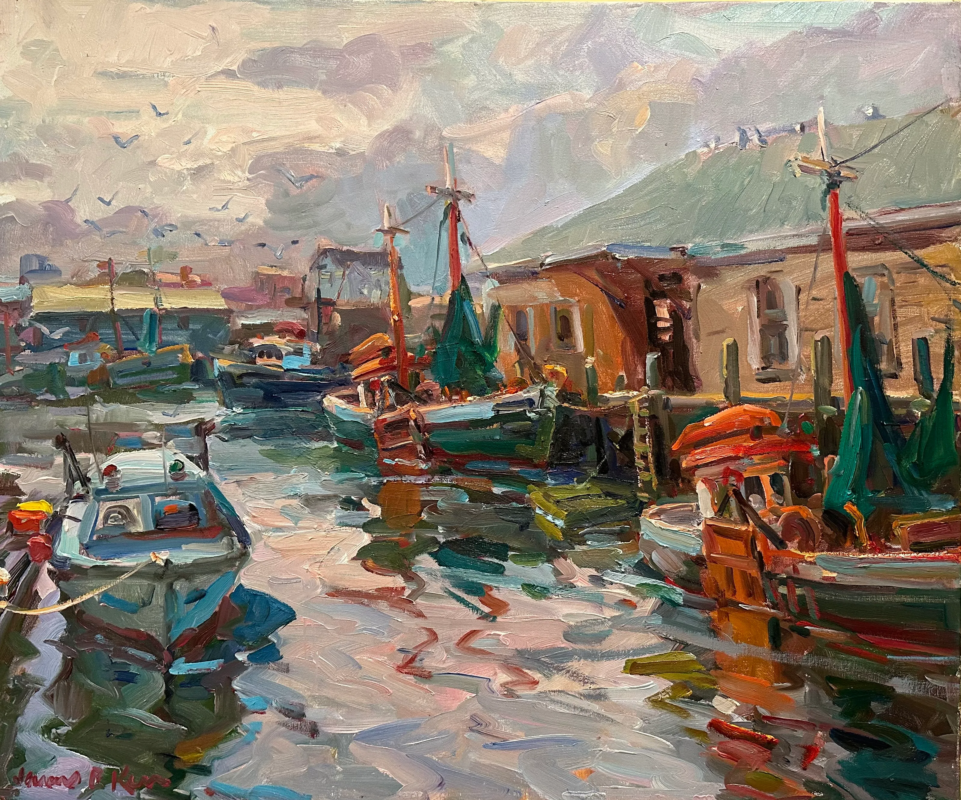 "Gloucester Wharf" Impressionist Landscape Oil Painting by James P ...