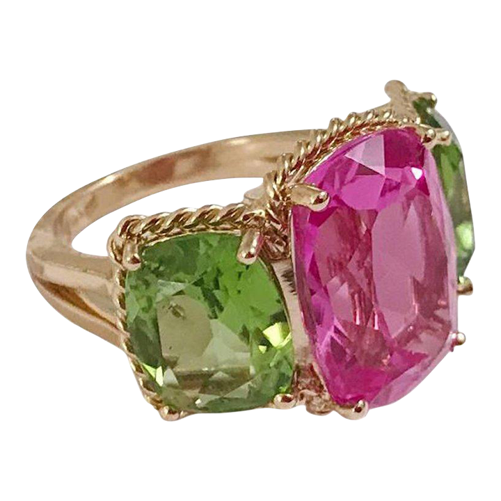 Elegant Pink Topaz and Peridot Ring with Gold Rope Twist Border | Chairish