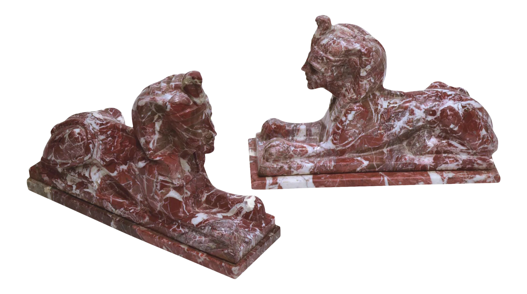 Red and White Marble Sphinx - A Pair | Chairish