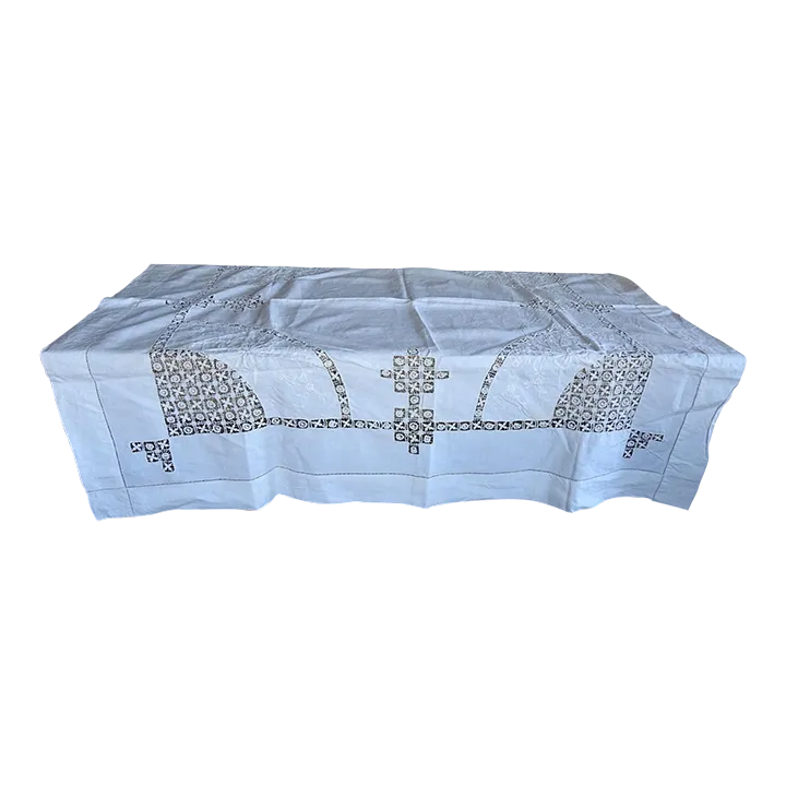 Antique White Linen Open Work Tablecloth | Chairish