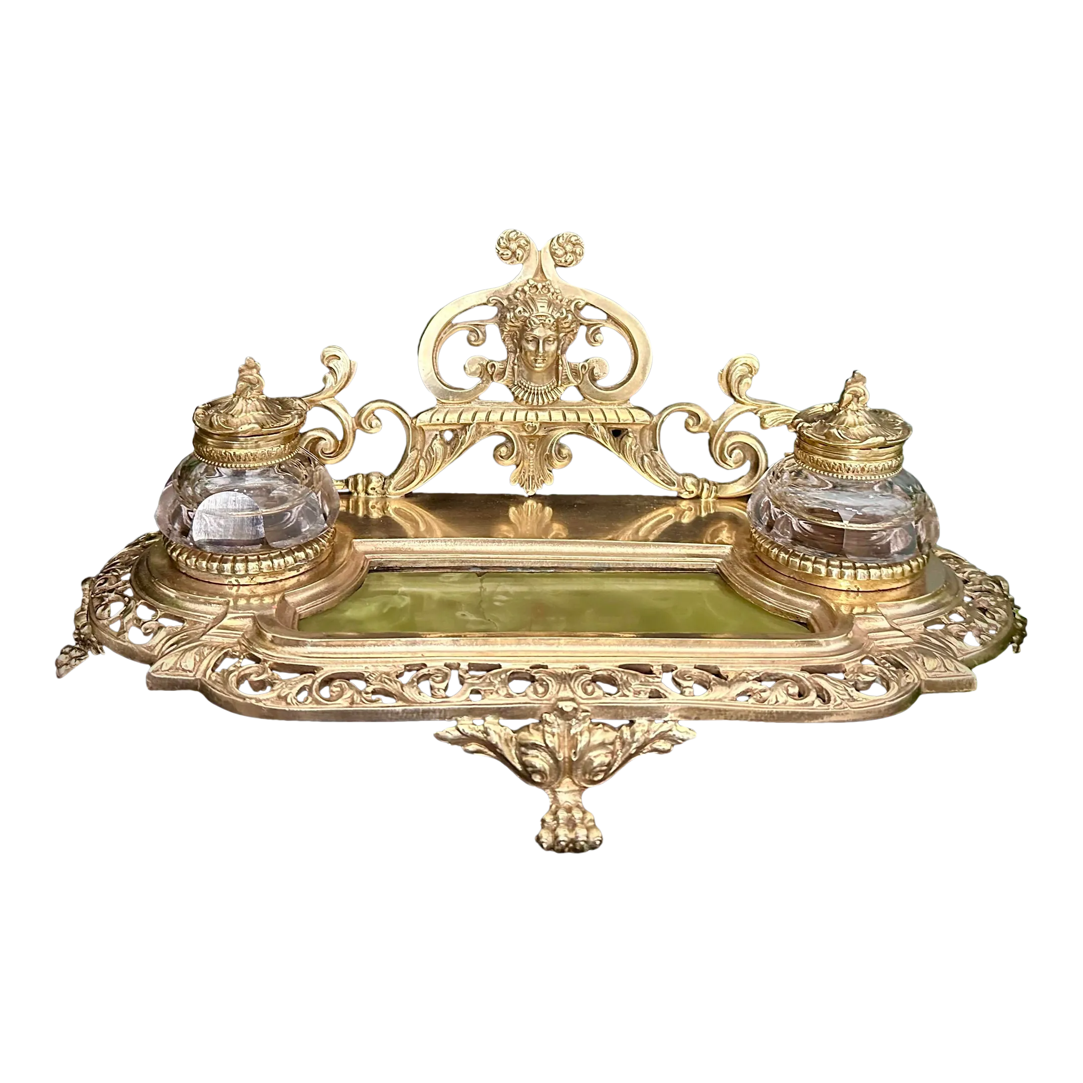 Antique French Bronze Ink Well / Encrier Victorian Crystal Pots Desk ...