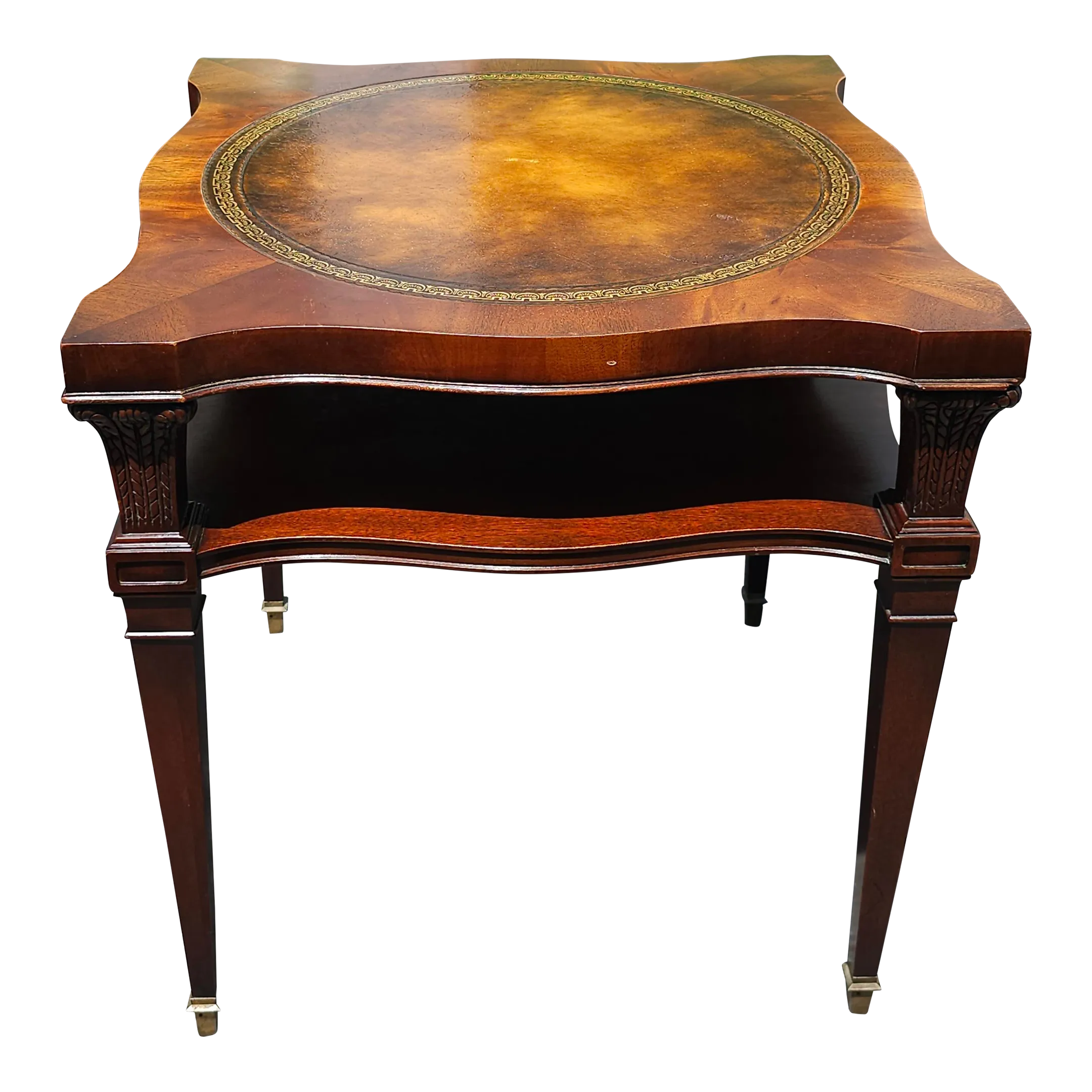 Mid Century Weiman Mahogany and Tooled Leather Top Two-Tier Side Table ...