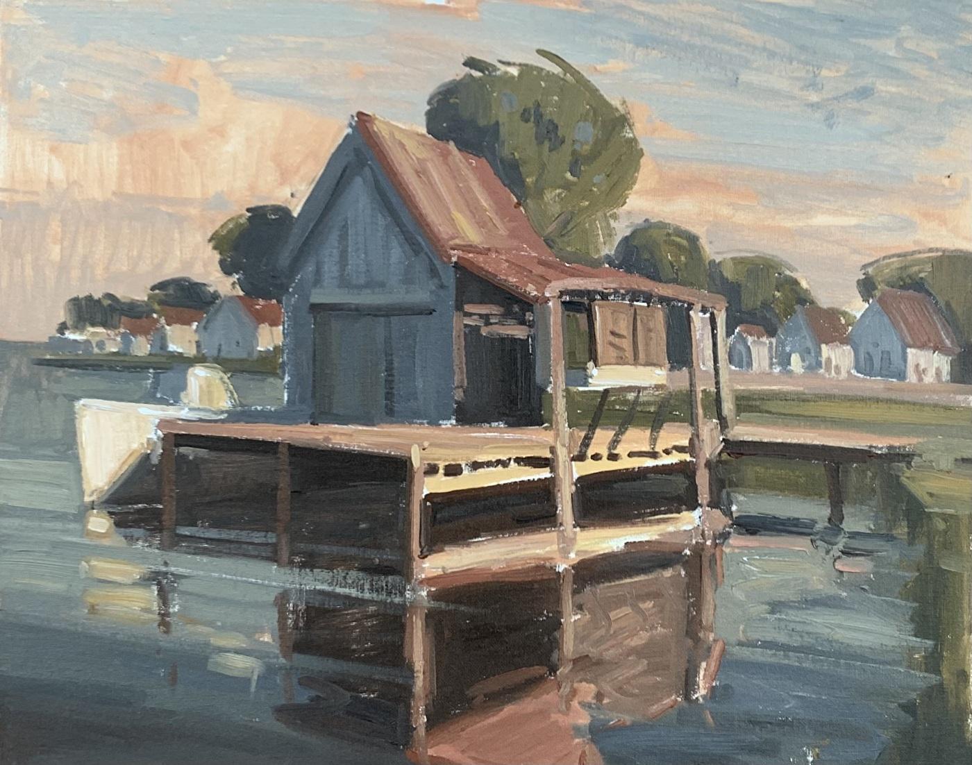 Original Oil Painting of a Boat House by Artist Christopher Best | Chairish