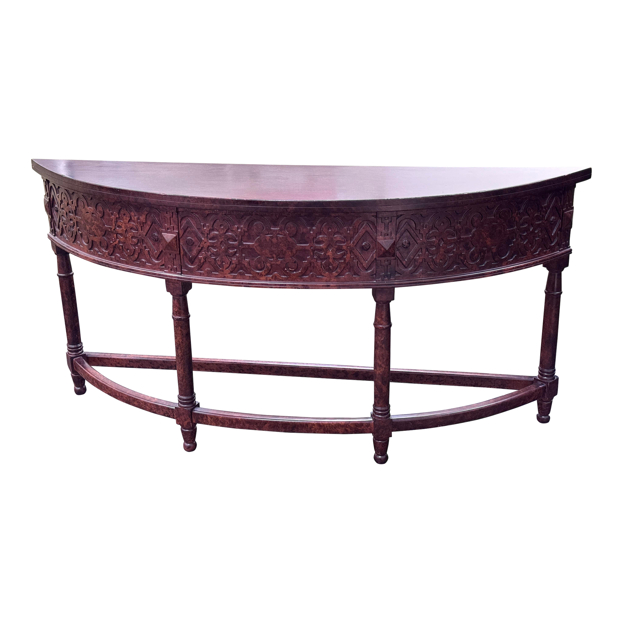 Vintage Carved Burl Walnut Demi-Lune Console Table | Chairish