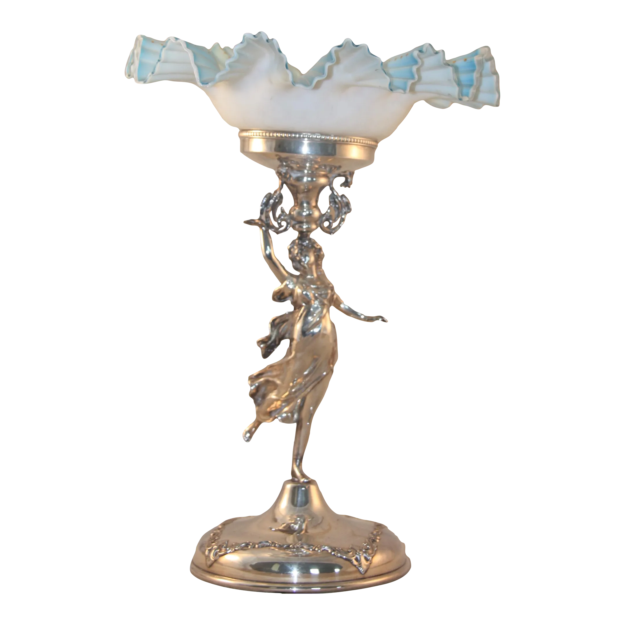 Antique Silverplate Lady With Turquoise Glass Fruit Bowl Chairish