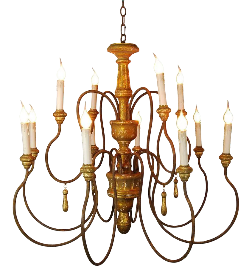 Turned Distressed Painted Rustic Gold Chandelier | Chairish