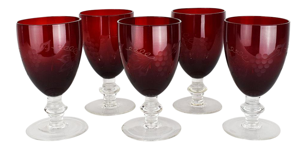 Ruby Red Etched Glass Stemmed Goblet Wine or Water Glasses With Grape ...