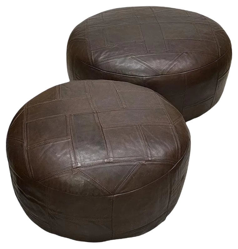 Large and Small Brown Leather Poufs, 1970s, Set of 2 | Chairish