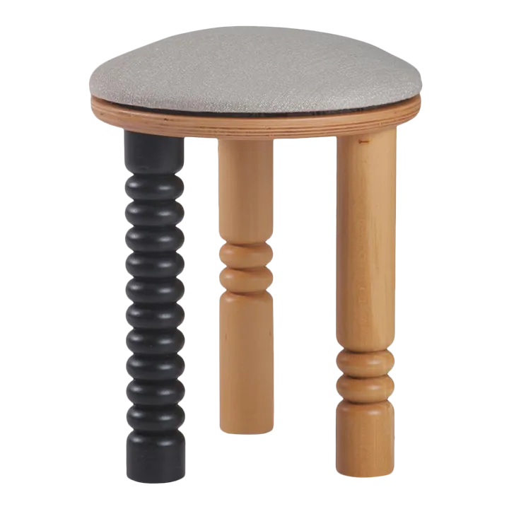 Small Bon Bon Ottoman, Natural Wood Color, Gray Fabric | Chairish