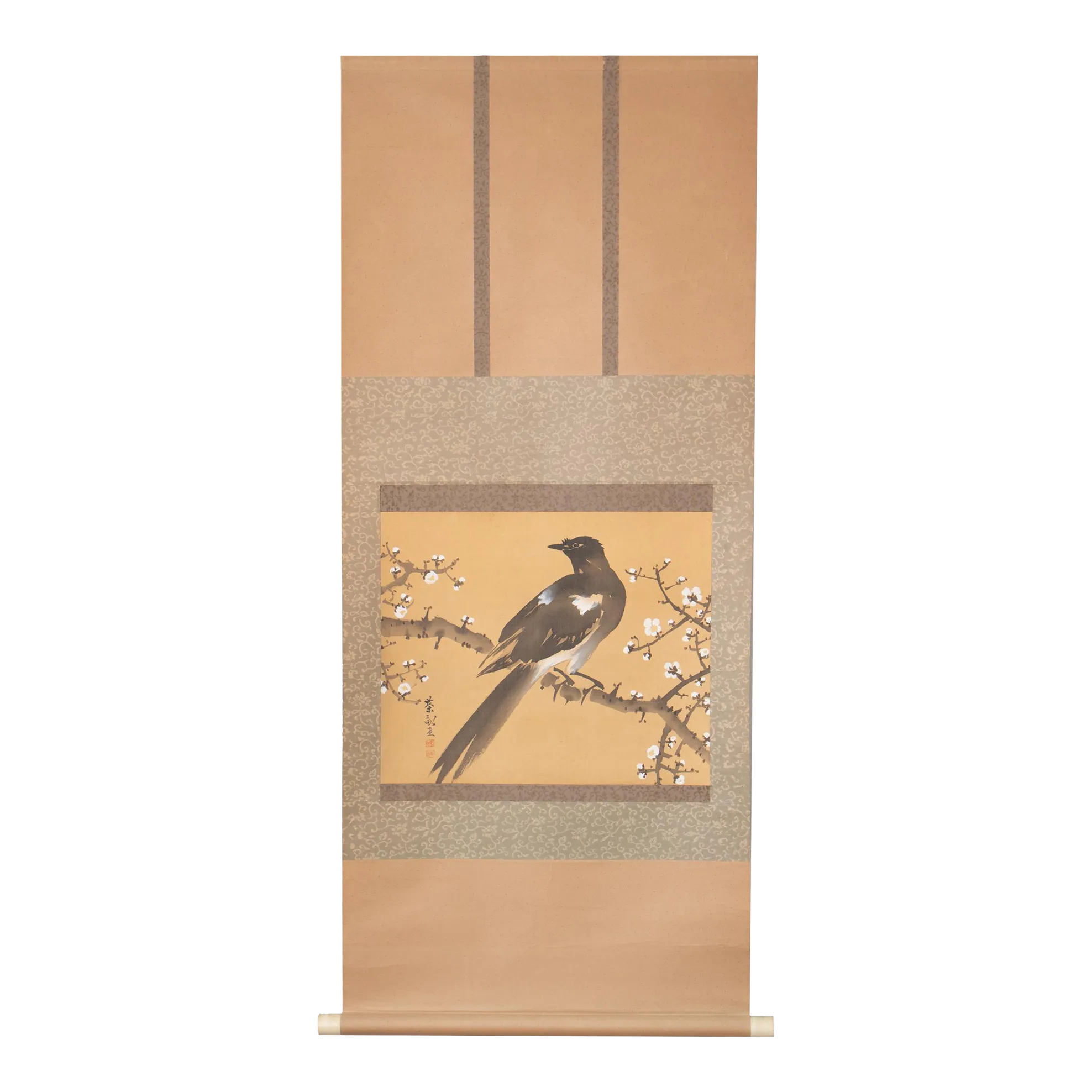 Pre-1940 Showa Era Japanese Silk Watercolor Scroll Painting, "The Crow ...